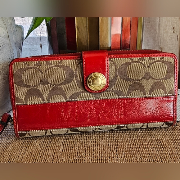 Coach | Bags | Coach Red And Tan Signature Wallet | Poshmark